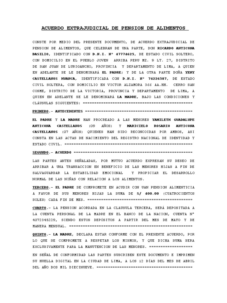 Acta de Transaccion Extrajudicial de Pension de Alimentos | PDF