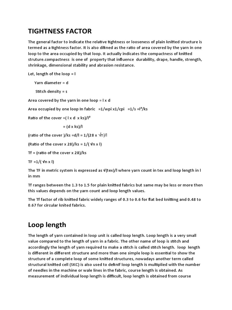 Tightness Factor | PDF | Knitting | Yarn
