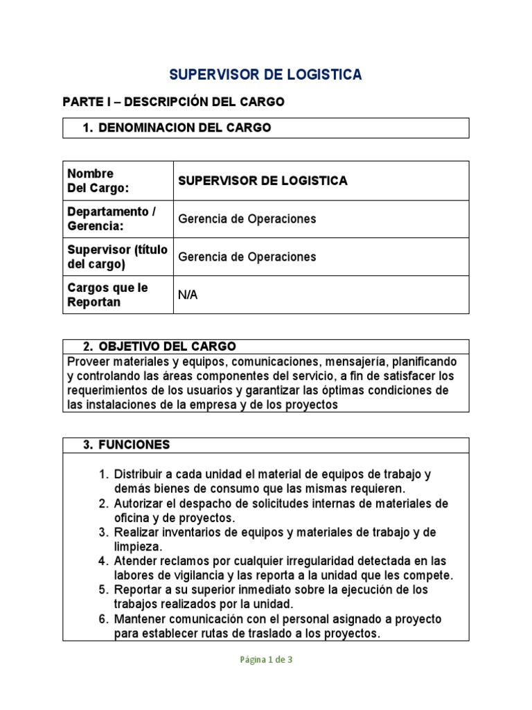 Supervisor de Logistica | PDF | Logística | Business
