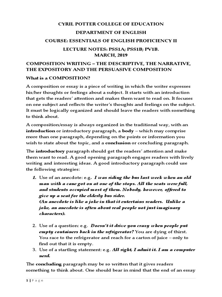 Lecture Notes On Composition Writing | PDF | Persuasion | Essays