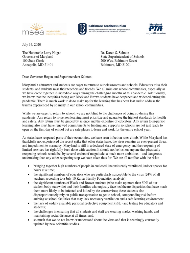 Reopening Joint Position Letter | PDF | Health Care | Learning