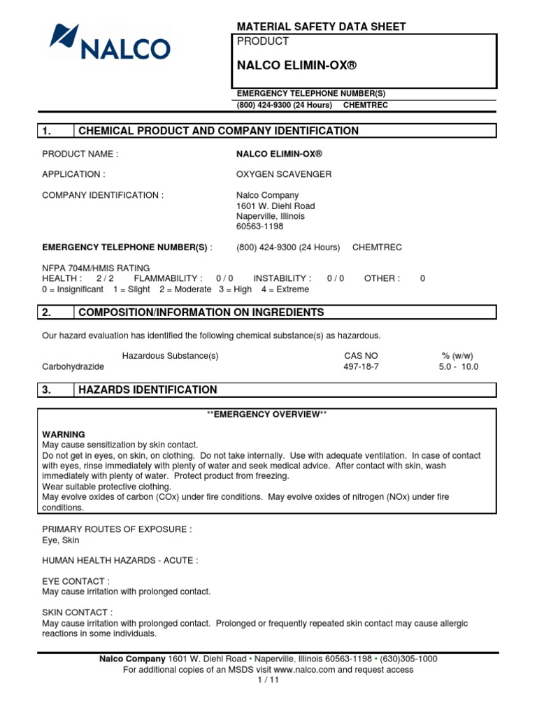 Nalco Elimin-Ox®: Material Safety Data Sheet | PDF | Dangerous Goods ...