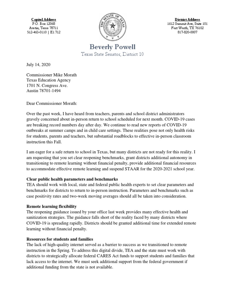 Sen Powell Letter To TEA On School Reopening | PDF | Texas | No Child ...
