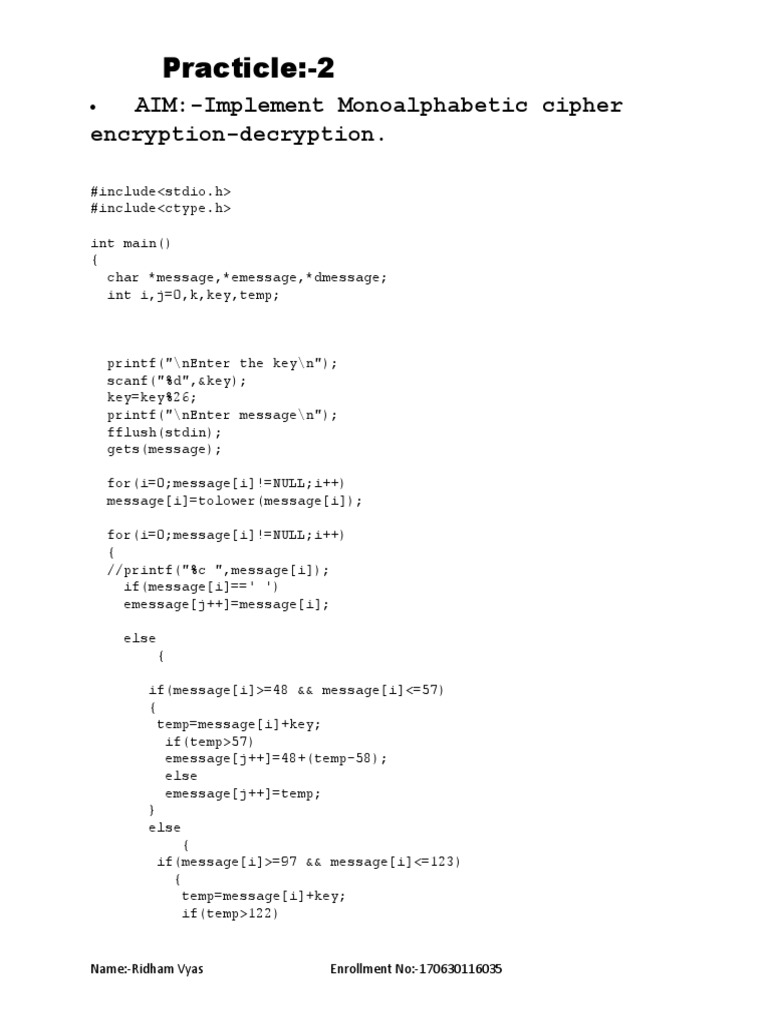 Practicle:-2: AIM:-Implement Monoalphabetic Cipher Encryption-Decryption | PDF