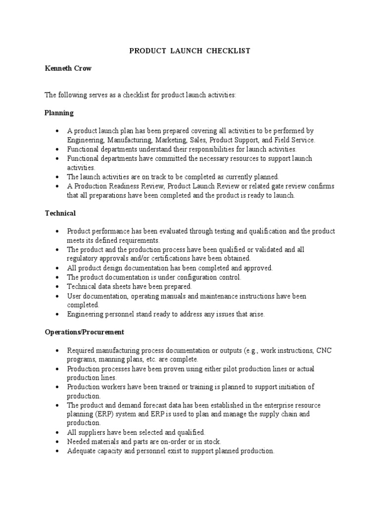 Product Launch Checklist Kenneth Crow | PDF | Enterprise Resource ...