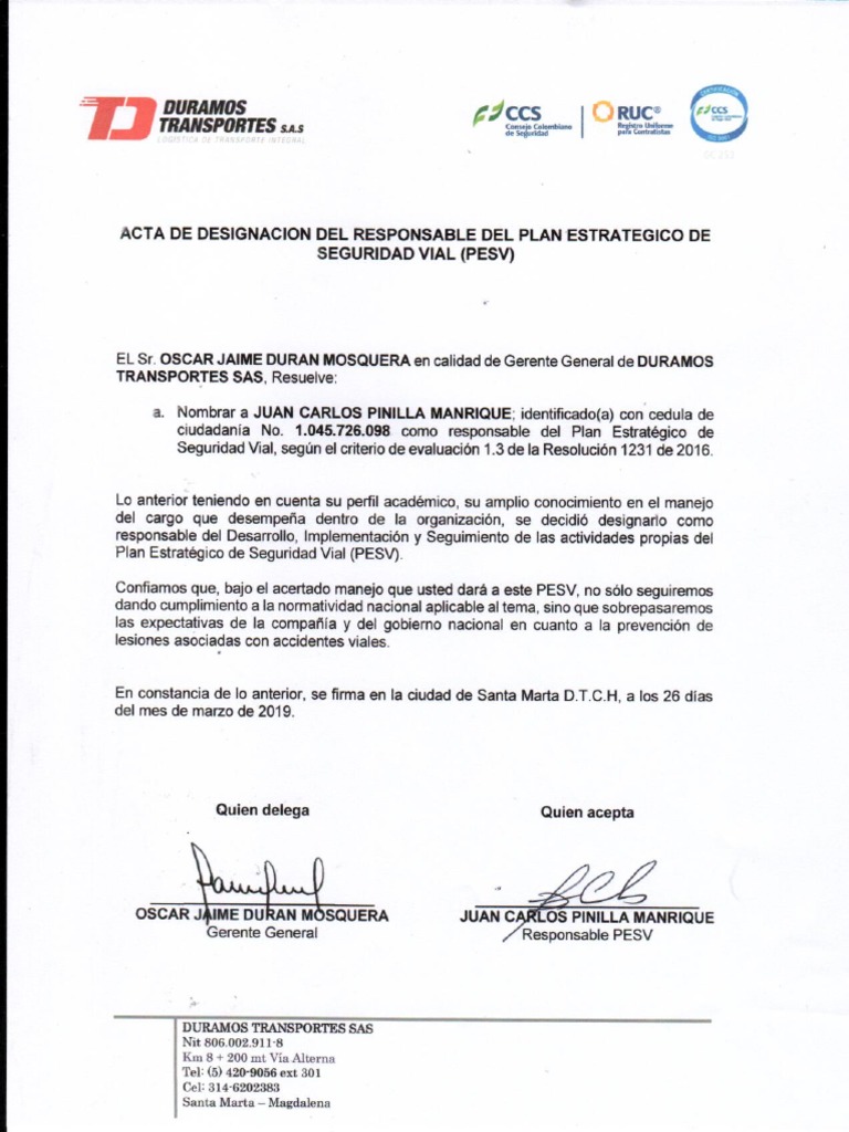 Anexo 5 Acta de Designacion de Responsable Pesv PDF | PDF