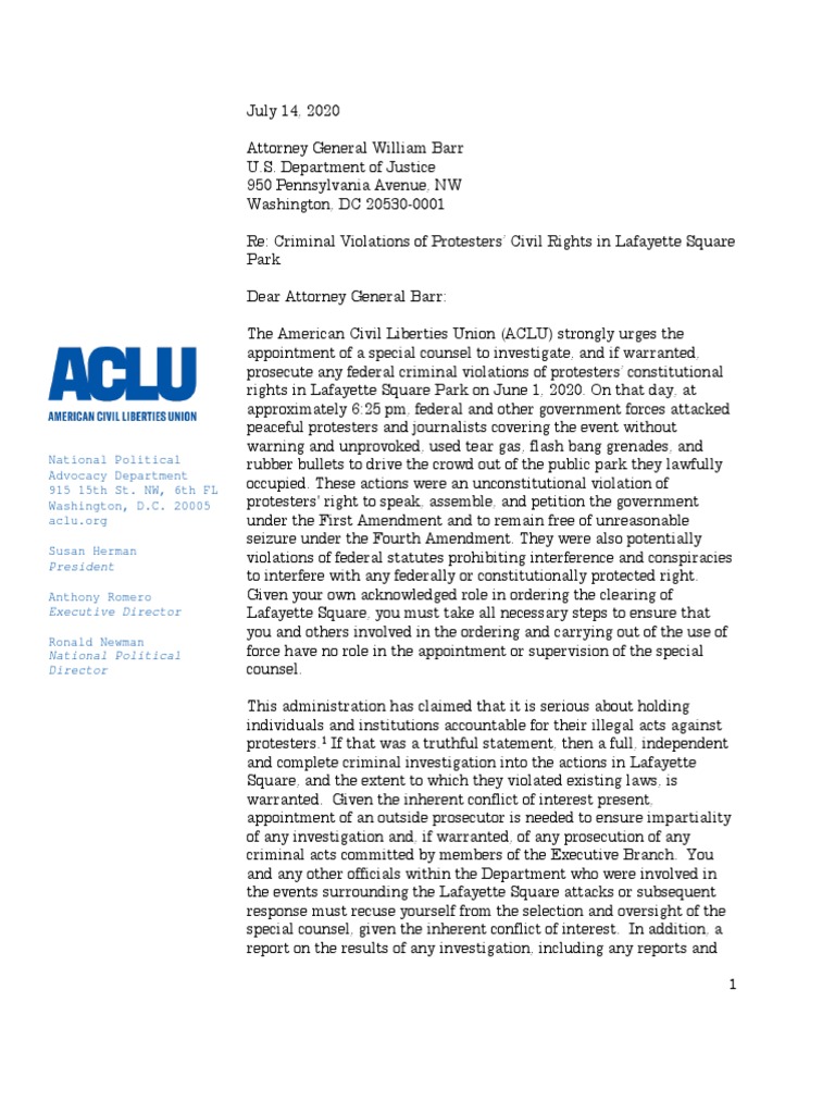 ACLU Letter to Barr | Attorney General | Prosecutor