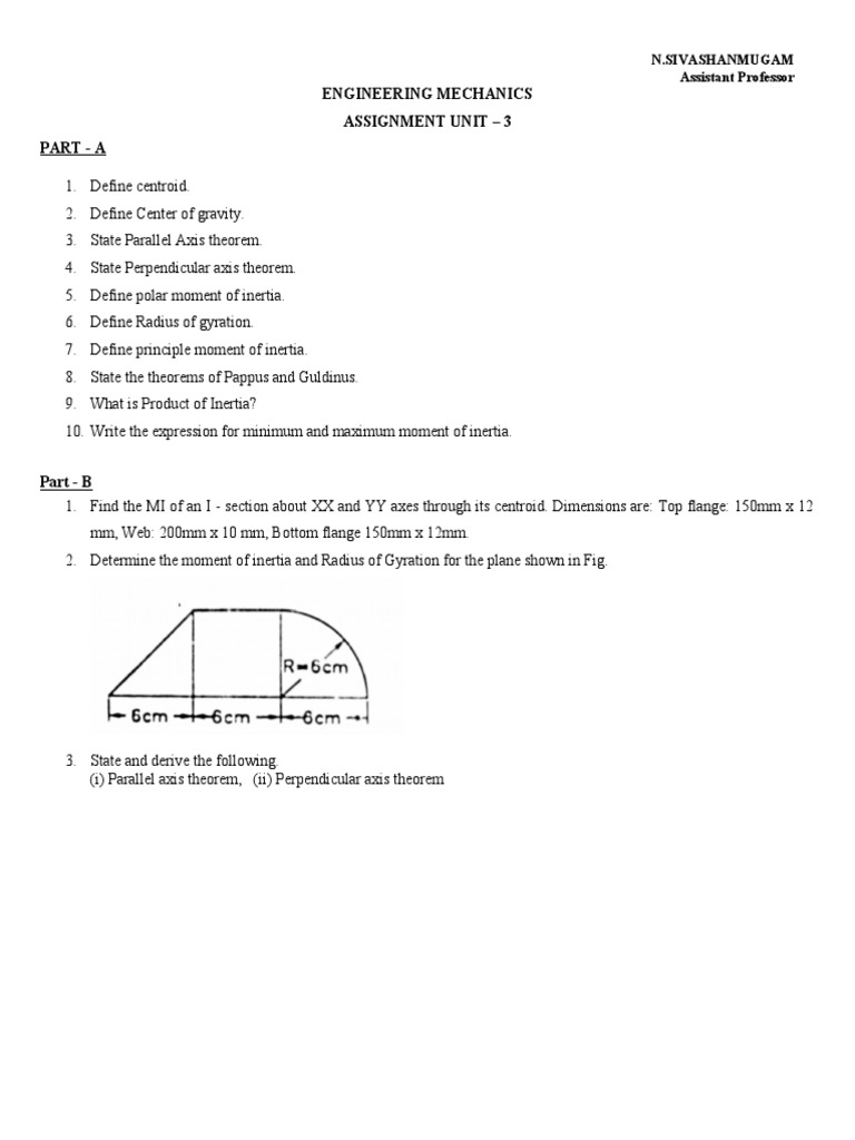 Engineering Mechanics Assignment Unit - 3 Part - A: N.Sivashanmugam ...