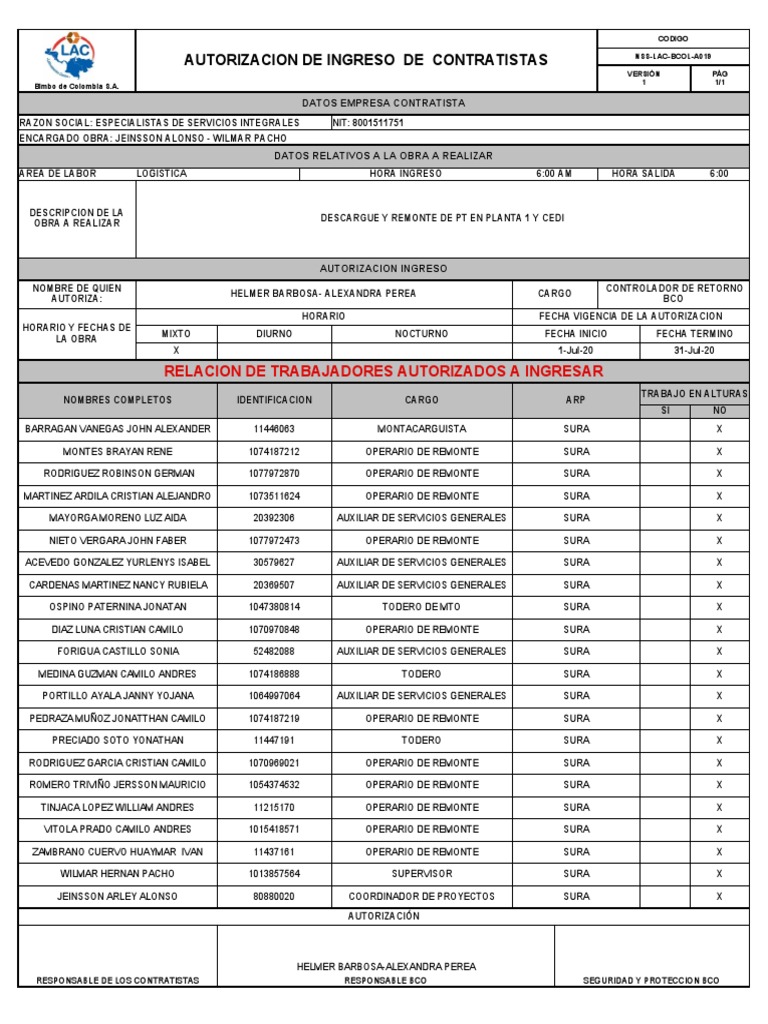Autorizacion Ingreso de Contratistas | PDF