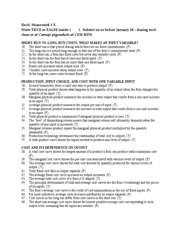 Econ Quiz With Answers | PDF | Average Cost | Pricing