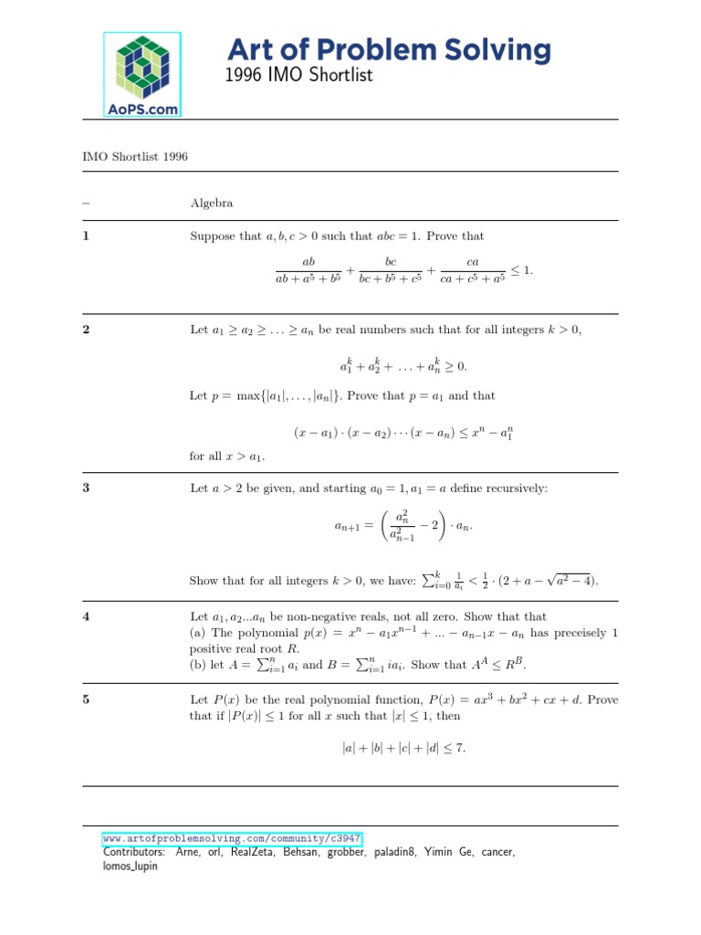 1996 IMO Shortlist Problems and Solutions | PDF | Triangle | Abstract Algebra