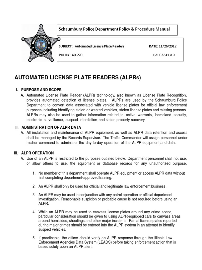 Schaumburg Police Department Policy & Procedure Manual - ALPR | PDF ...