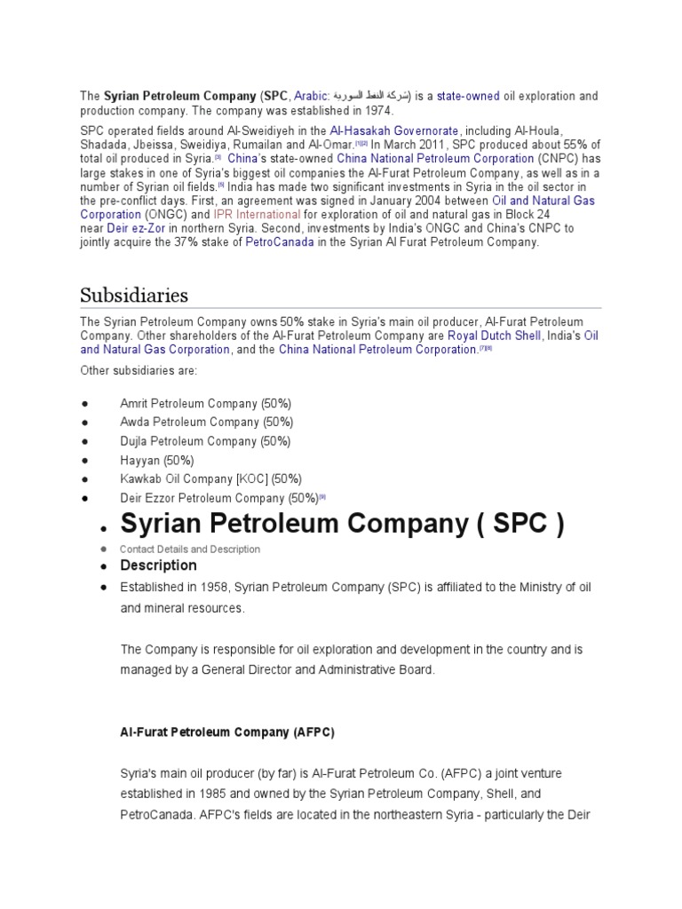 Syrian Petroleum Company (SPC) : Subsidiaries | PDF | Syria | Oils