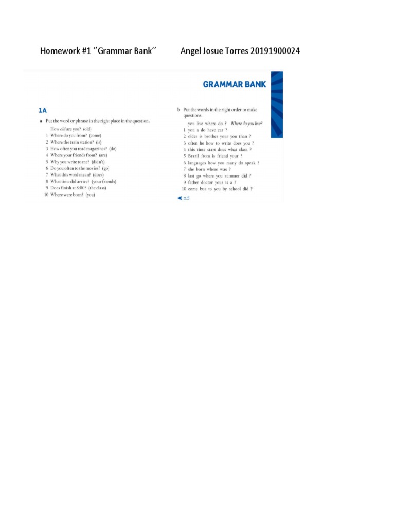 Homework #1: Grammar Bank Exercises | PDF
