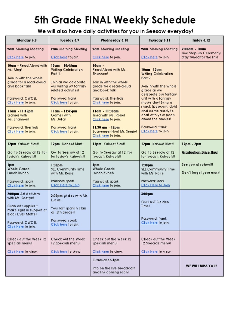 5th Grade Final Weekly Schedule Ms | PDF