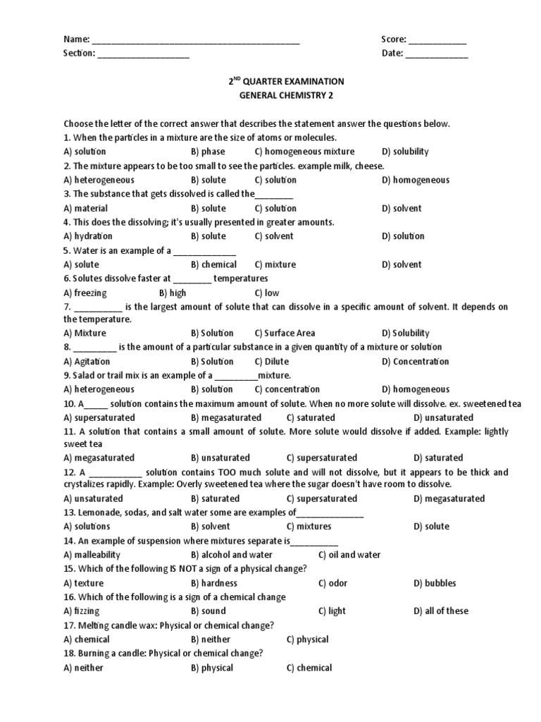 2 Quarter Examination General Chemistry 2 | PDF | Solution | Solubility