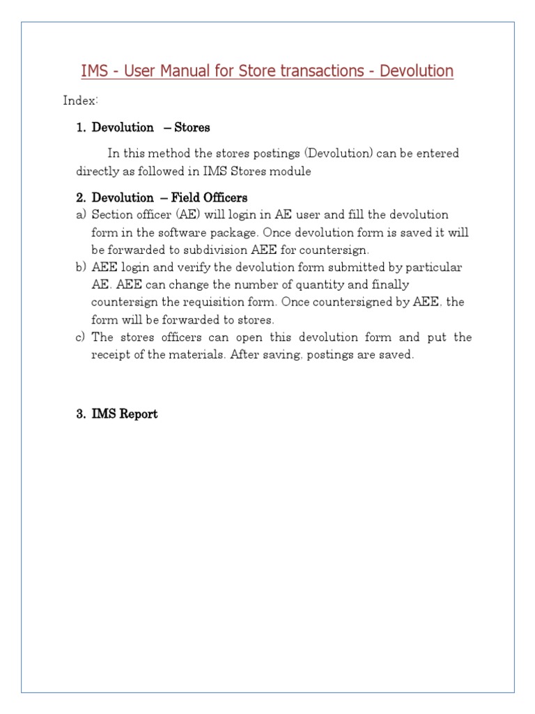 User Manual Excerpt: Devolution Transactions in IMS Stores Module | PDF ...