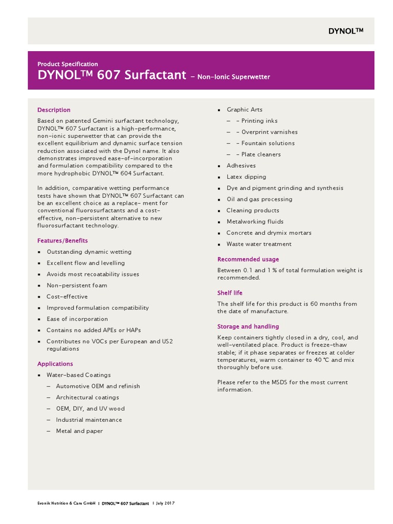 DYNOL 607 - G - Surfactant 0717 EN OI | PDF | Surfactant | Volatile Organic Compound