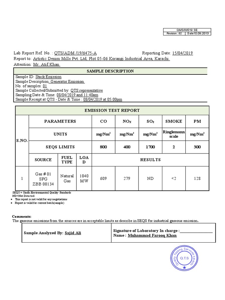 Generator Emission Test Reports 2019 | PDF | Air Pollution | Chemistry