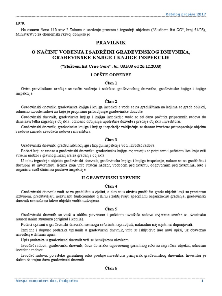 Pravilnik o Nacinu Vodjenja I Sadrzini Gradjevinskog Dnevnika Gradjevinske Knjige.. | PDF