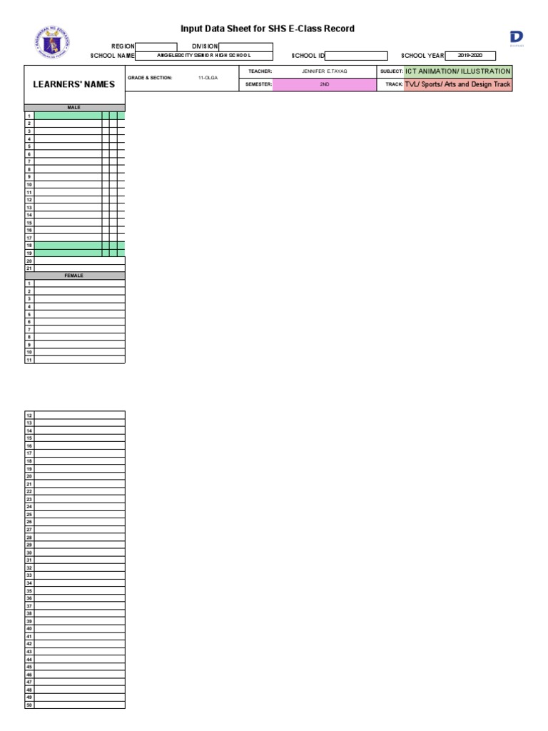Input Data Sheet For SHS E-Class Record: Learners' Names | PDF ...