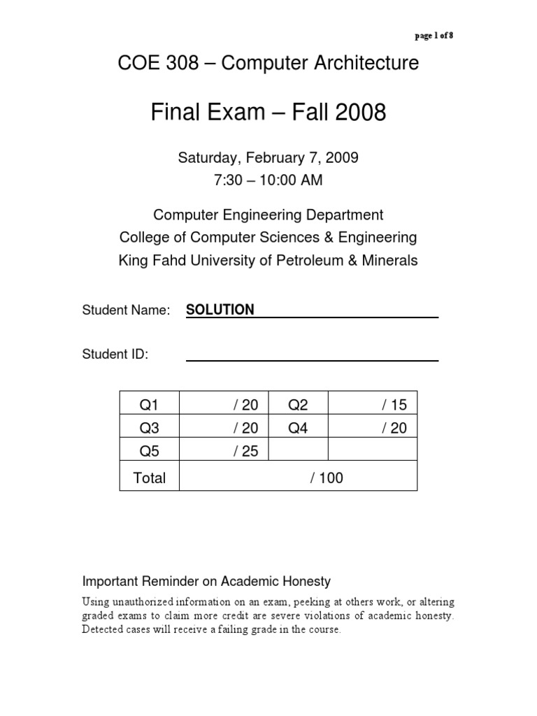 Final Exam - Fall 2008: COE 308 - Computer Architecture | Download Free PDF | Cpu Cache ...