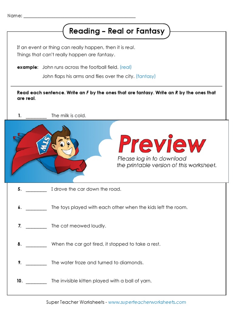 Real vs Fantasy Worksheet | PDF