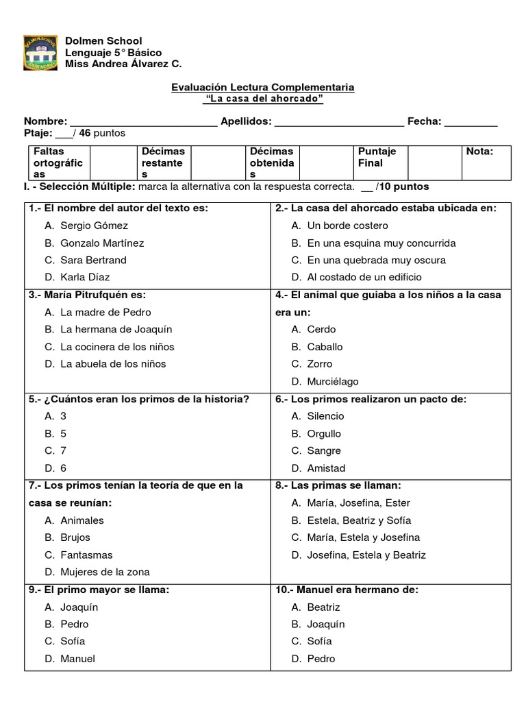 Prueba de Lectura La Casa Del Ahorcado 2020 | PDF