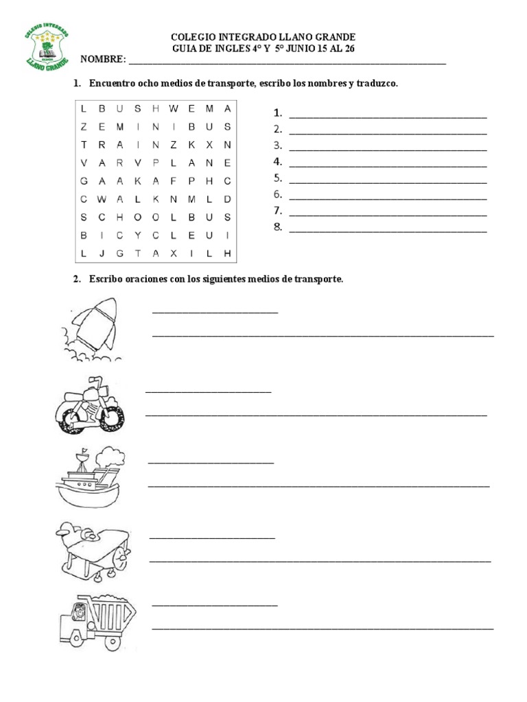 Guia de Ingles 4 y 5 Medios de Transporte | PDF