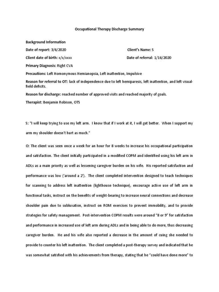 Occupational Therapy Discharge Summary | PDF | Occupational Therapy ...