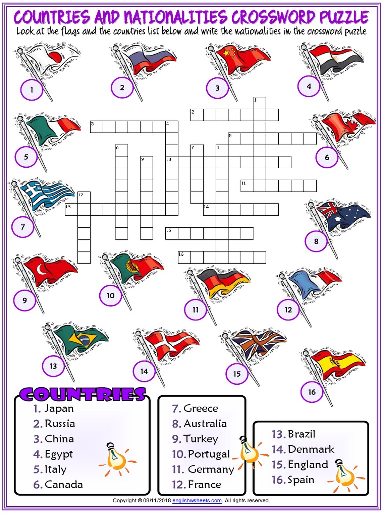 Crossword Puzzle Countries and Nationalities Vocabulary Esl Crossword ...