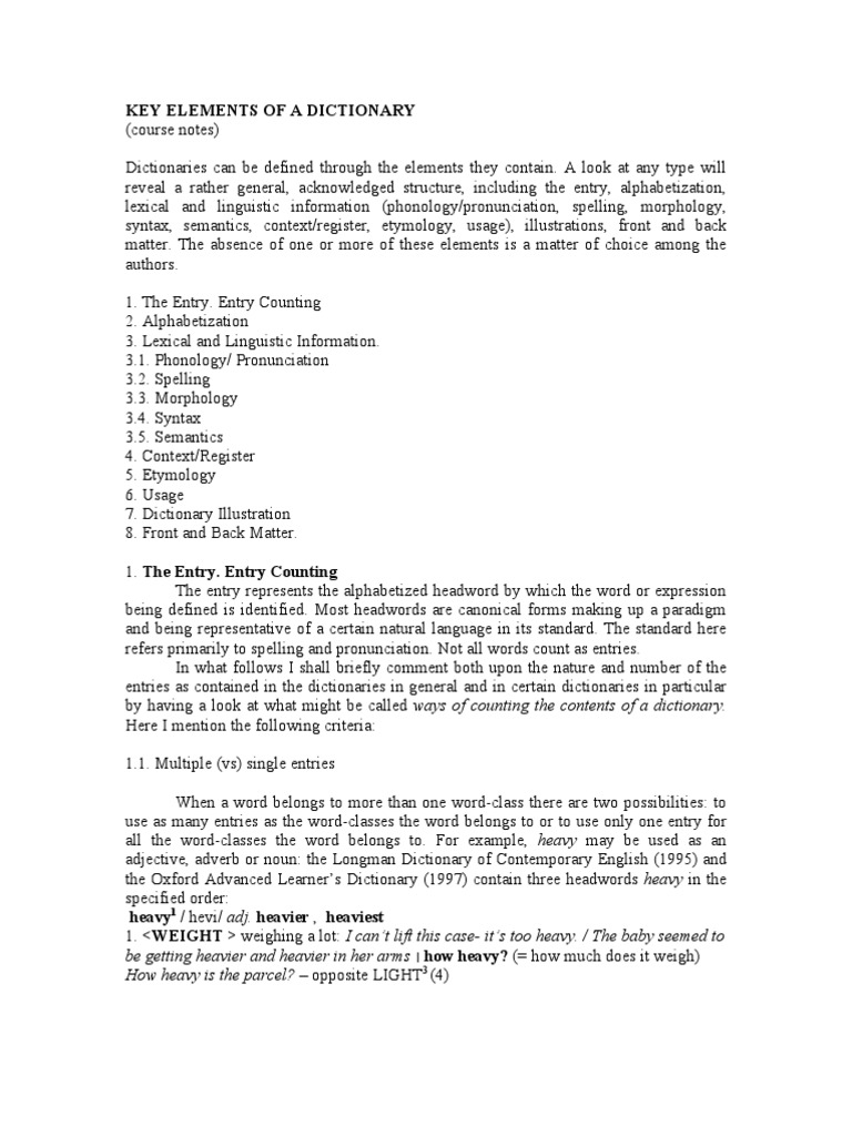 Key Elements of A Dictionary | PDF | Part Of Speech | Word