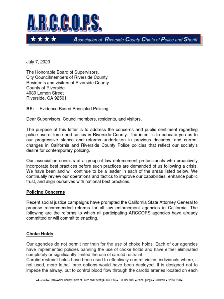 Letter From Association of Riverside County Chiefs of Police and ...
