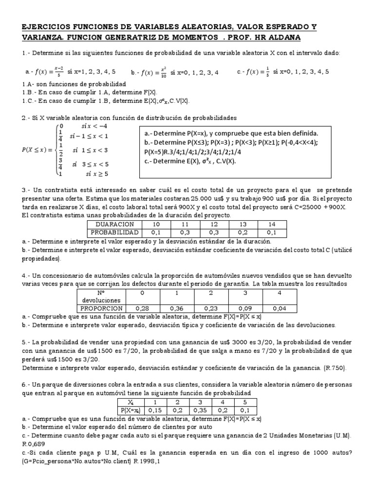 Ejercicios Funciones de Variables Aleatorias PDF | PDF | Variable aleatoria | Valor esperado