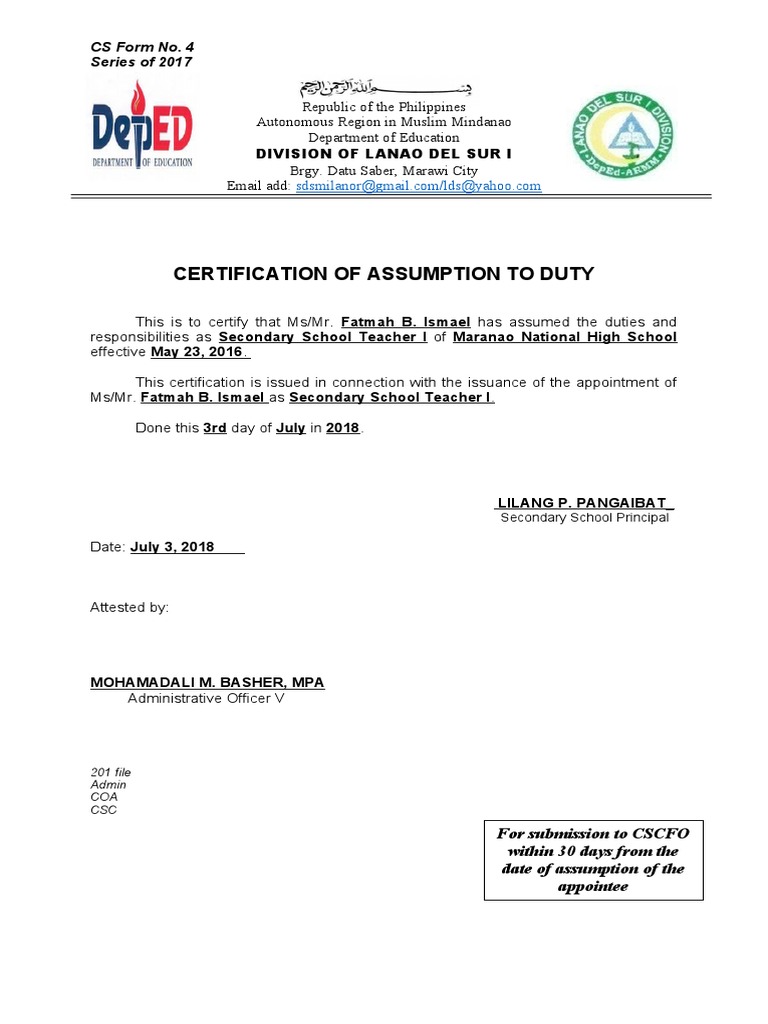 Certification of Assumption To Duty: CS Form No. 4 Series of 2017 | PDF