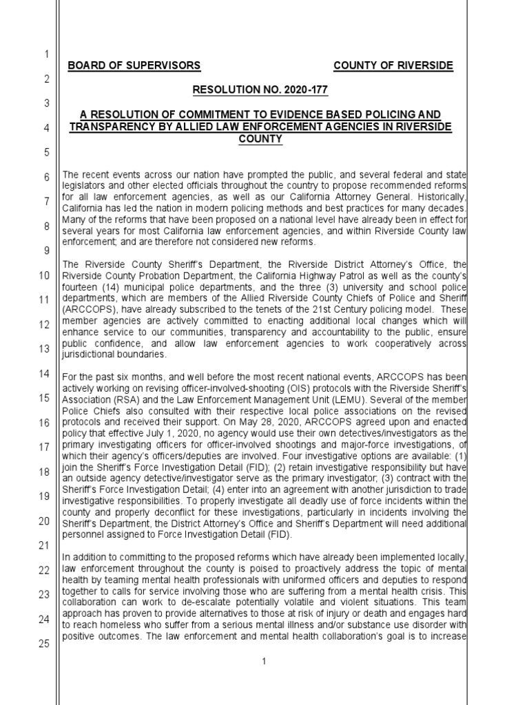 Riverside County Resolution On Police Best Practices | PDF | Deadly ...