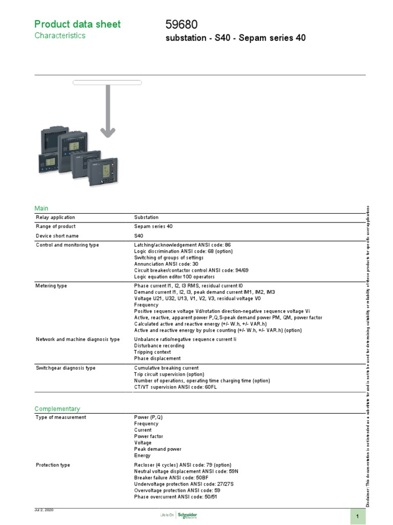 Product Data Sheet for the Sepam Series 40 (S40) Substation Relay: Characteristics, Functions ...