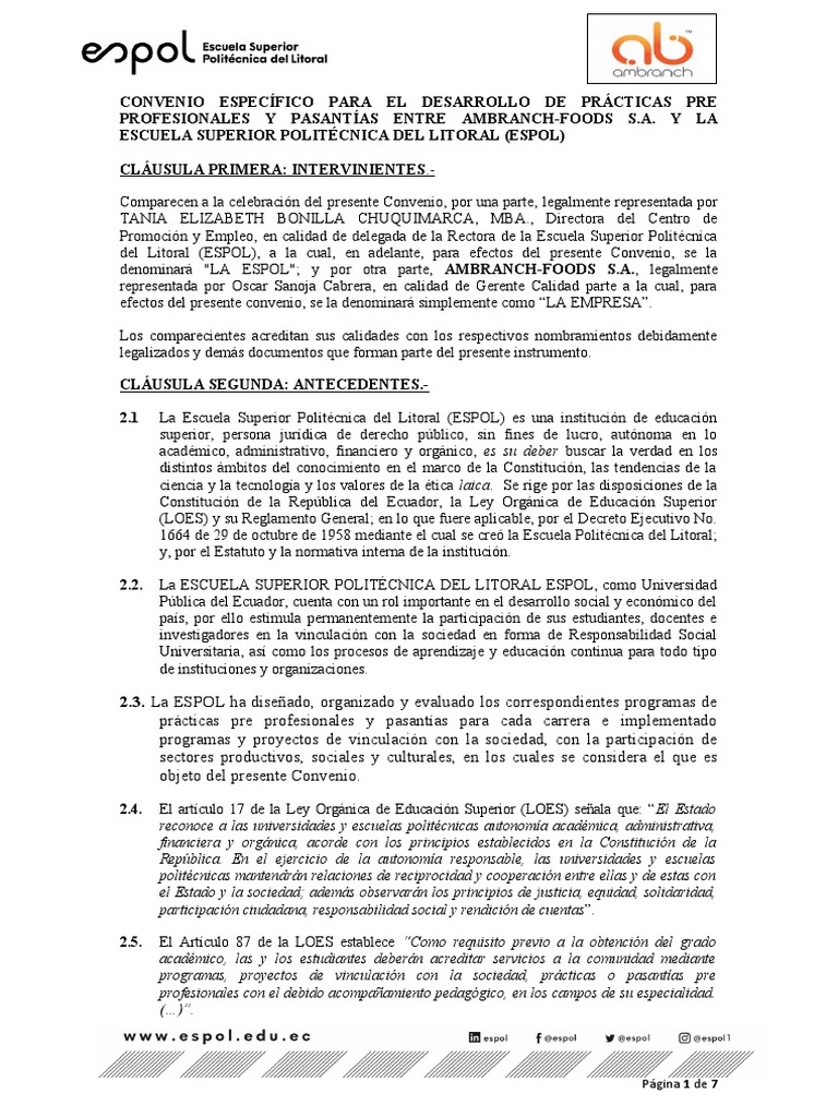 For-Uvs-06 Formato de Convenio Específico para El Desarrollo de Práctica | PDF | Derechos de ...