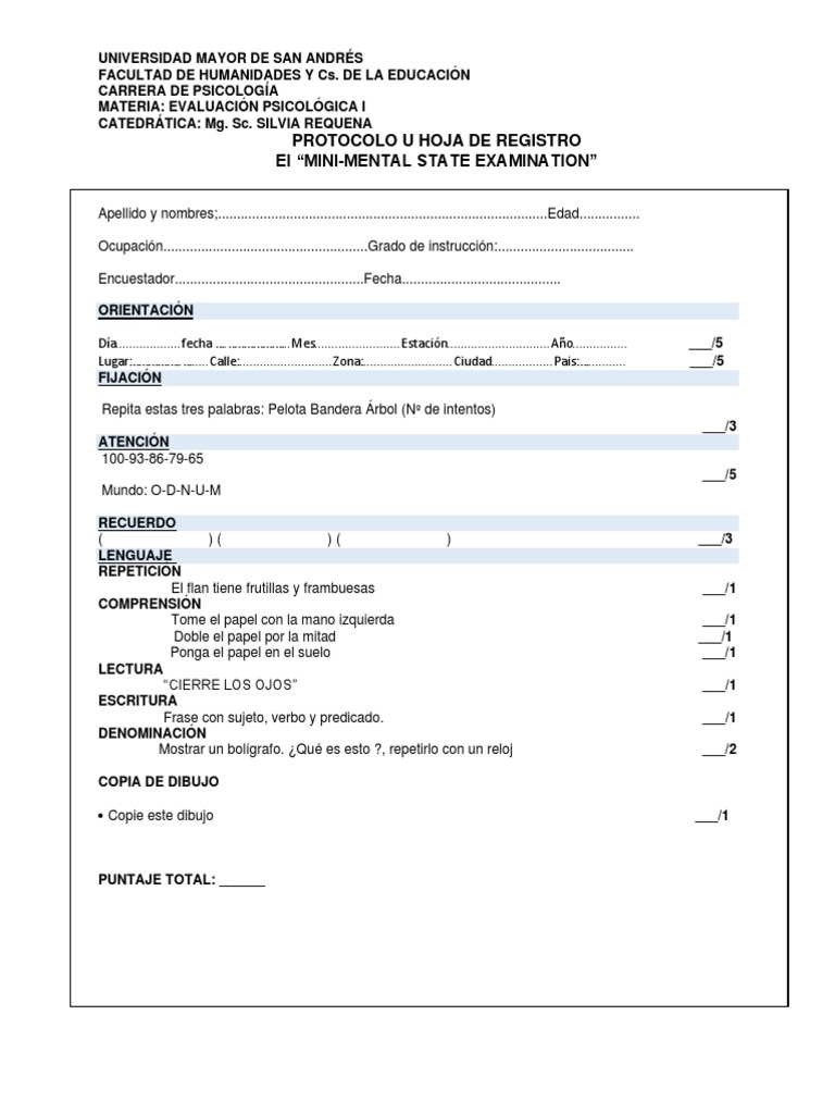 Protocolo. Mini Mental | PDF | Cognición | Ciencia cognitiva