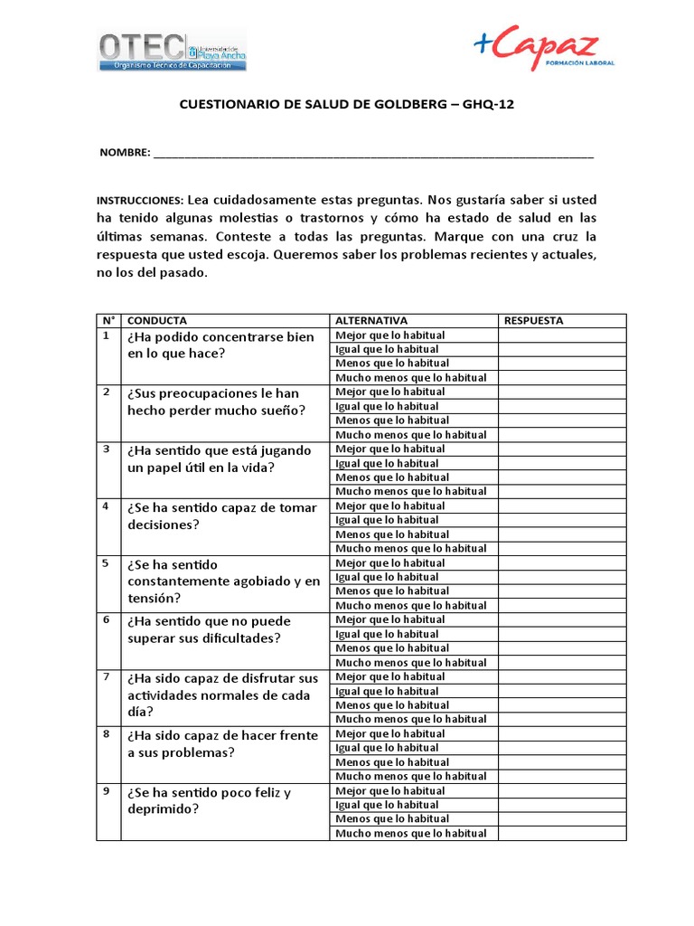 Cuestionario de Salud de Goldberg | PDF | Depresión (estado de ánimo ...