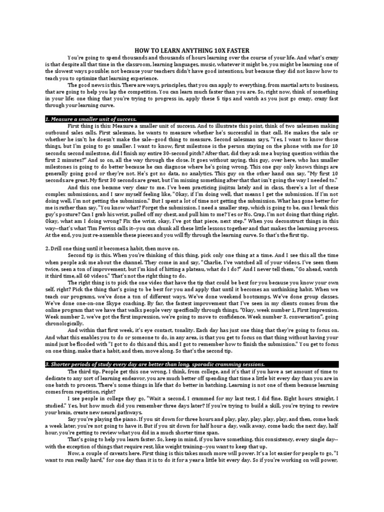 How To Learn Anything 10X Faster | PDF | Self-Improvement