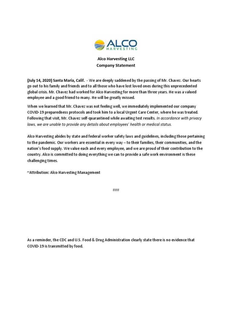 Alco Harvesting Company Statement | PDF