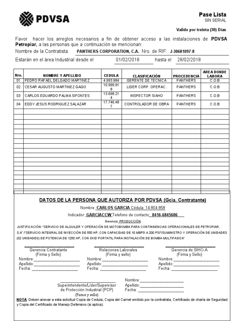 Formato Pase Lista Pdvsa - Febrero | PDF | Business