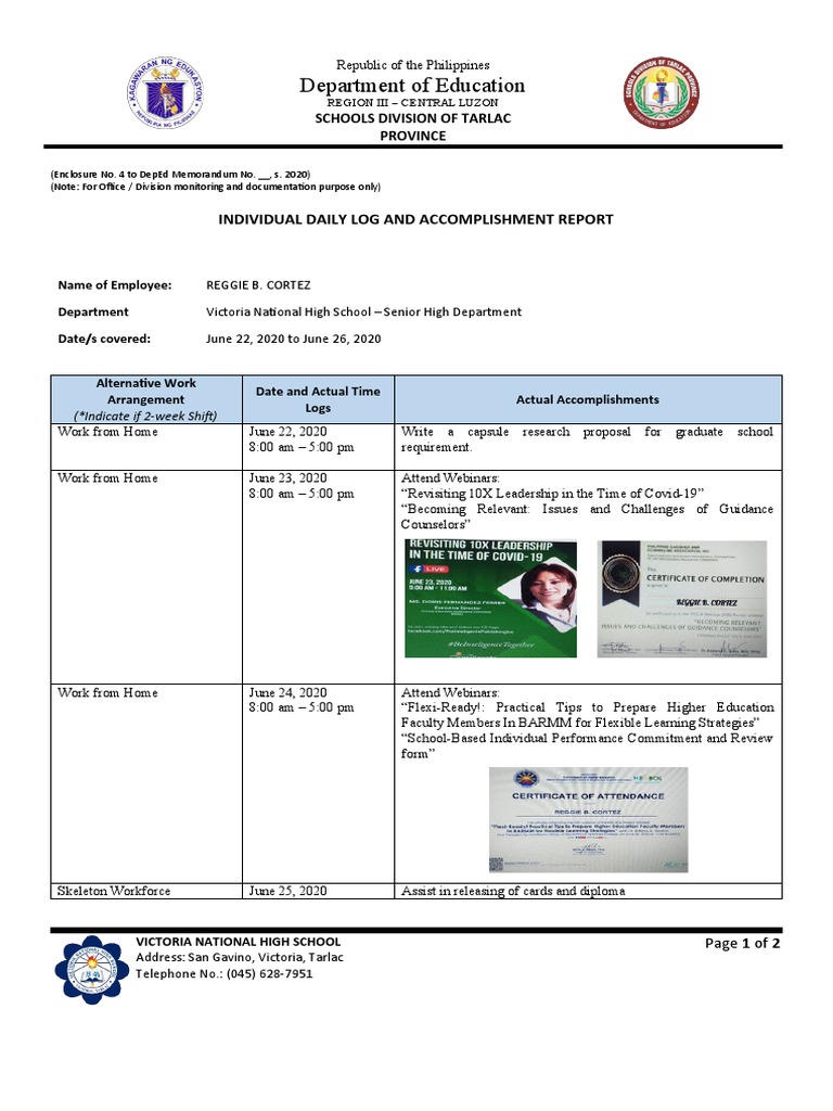 Department of Education: Individual Daily Log and Accomplishment Report ...