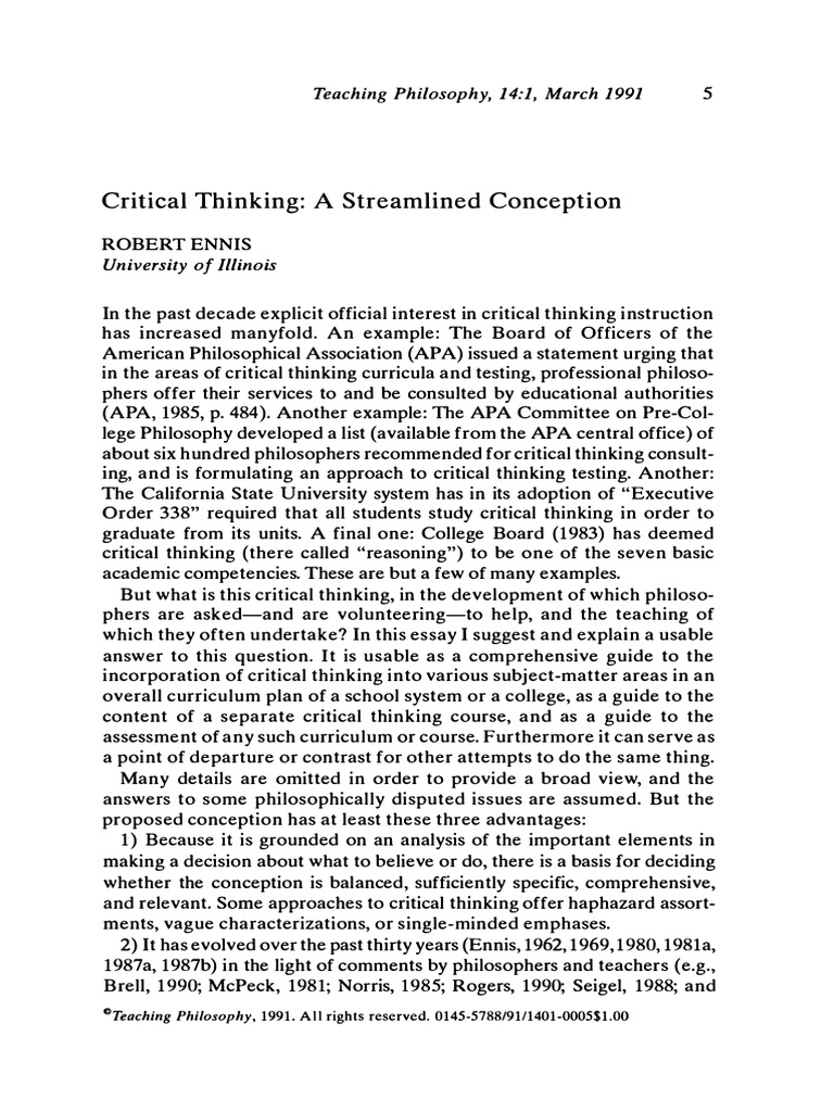 Critical Thinking A Streamlined Conception. Robert Ennis PDF | PDF