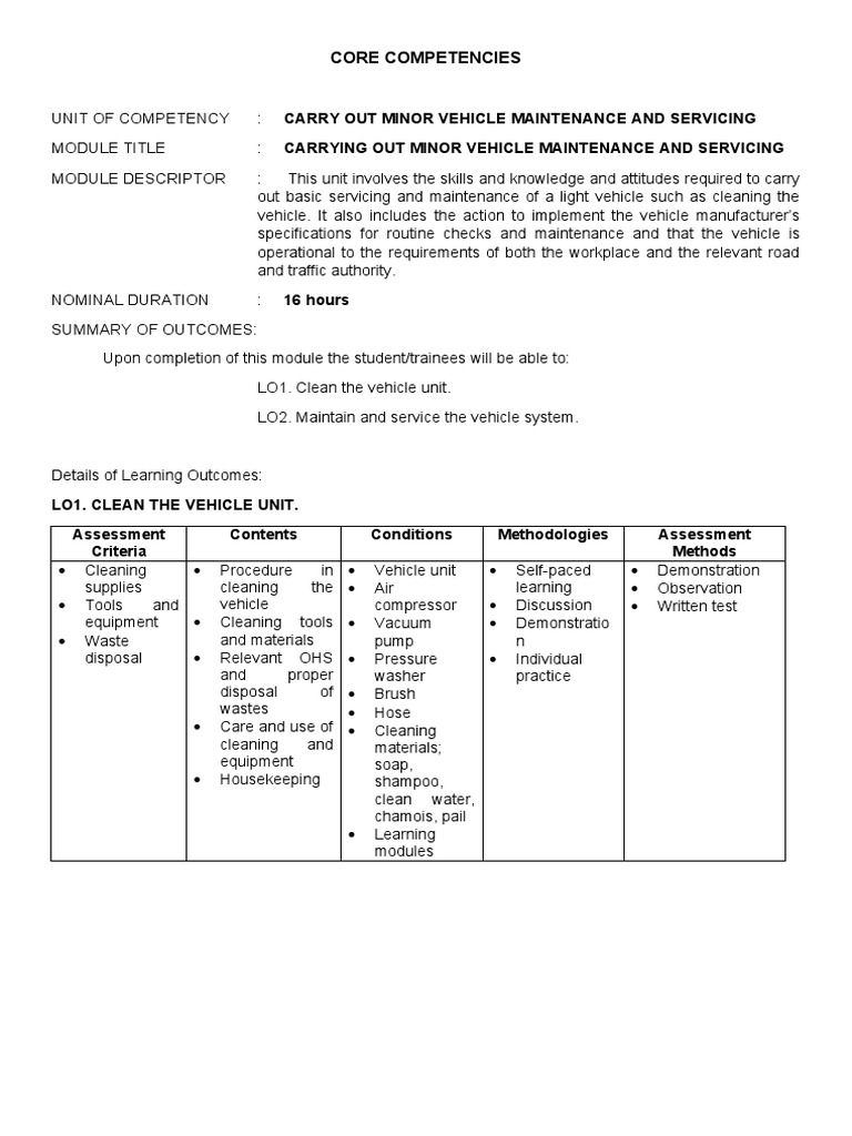 Core Competencies: Lo1. Clean The Vehicle Unit. Assessment Criteria ...