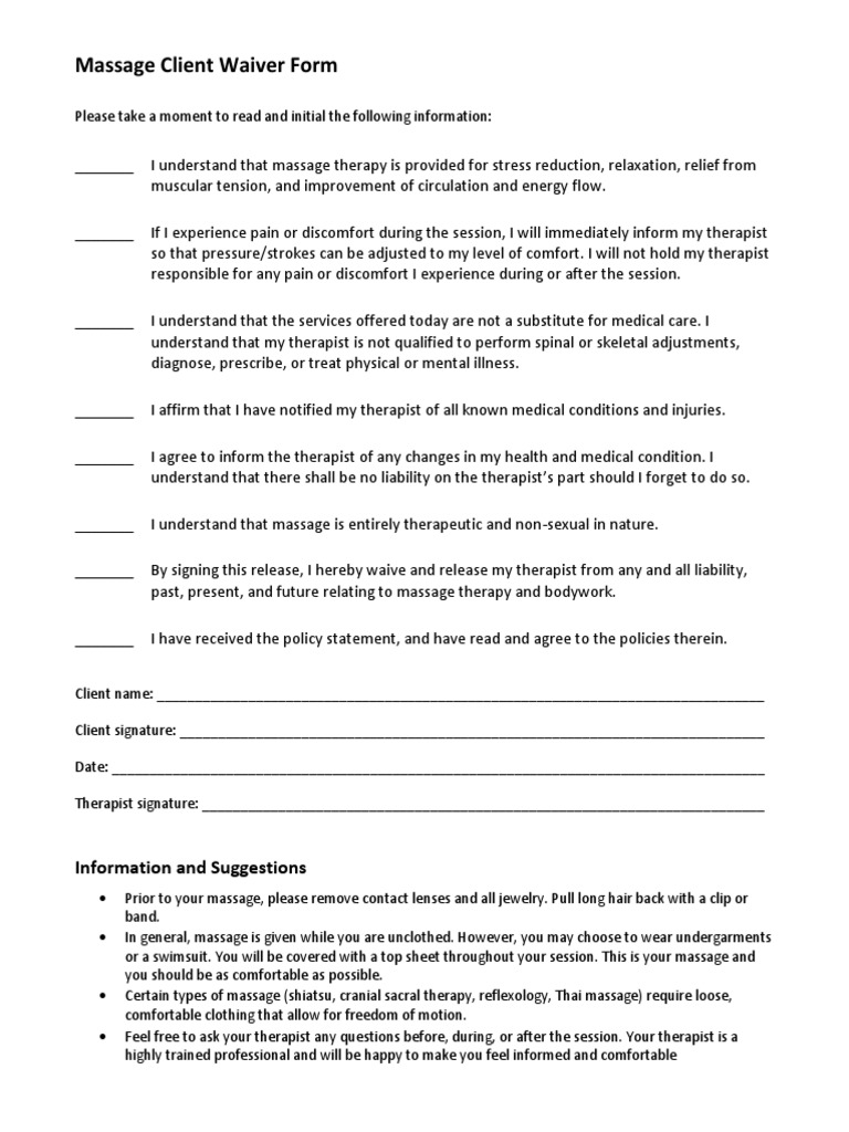 Massage Client Waiver Form 1 2 | PDF | Massage | Therapy