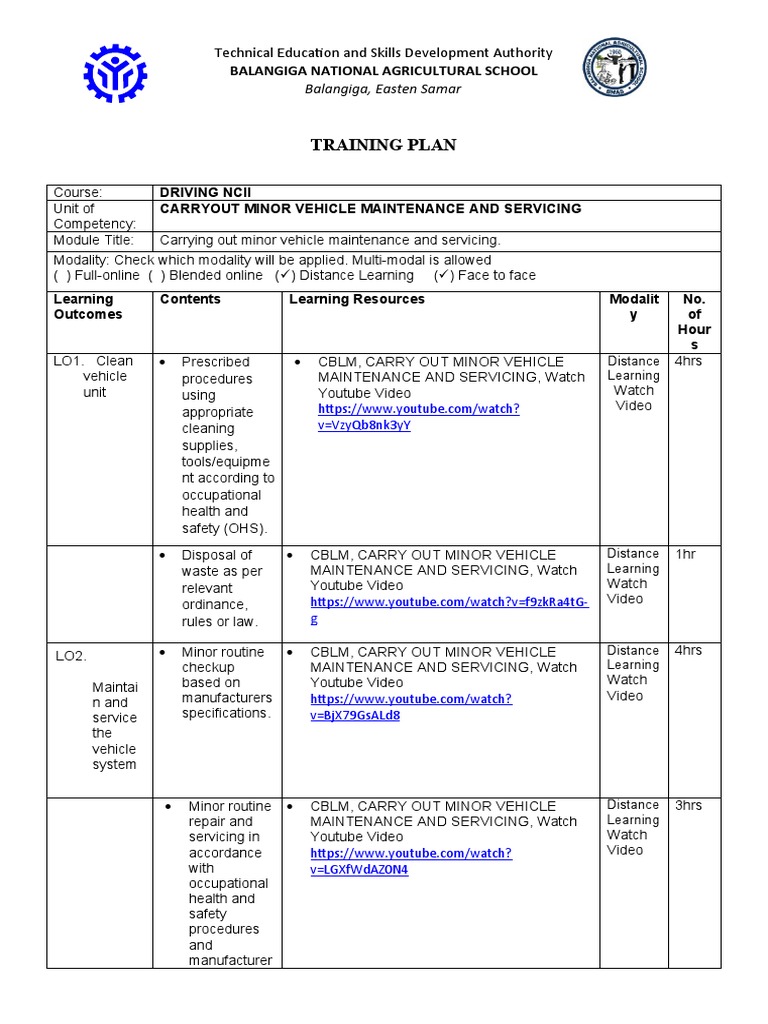 TESDA Driving NCII Training Plan | PDF | You Tube | Occupational Safety ...