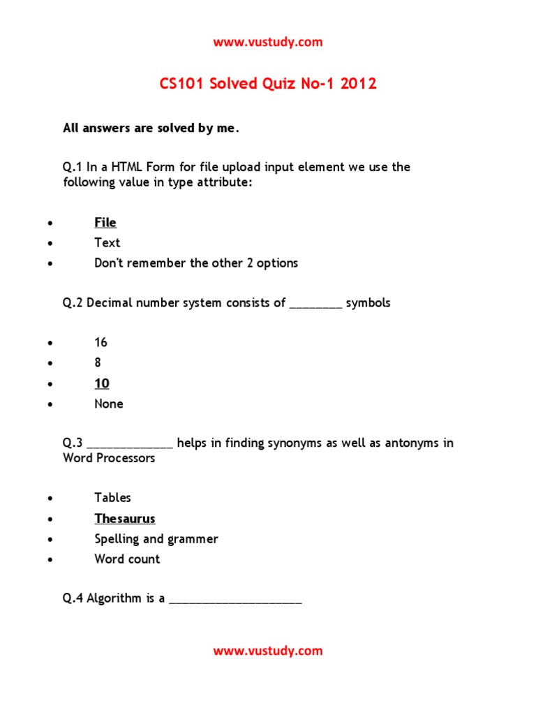 Solutions to an Introductory Computer Science Course Quiz with ...