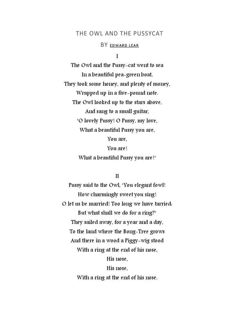 The Owl and The Pussycat BY: Edward Lear | PDF
